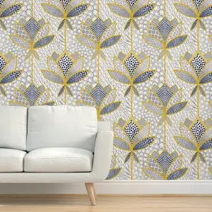 Spoonflower Japanese Lotus Large 100% Natural Sisal Grasscloth Wallcovering - White