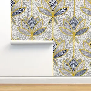 Spoonflower Japanese Lotus Large 100% Natural Sisal Grasscloth Wallcovering - White