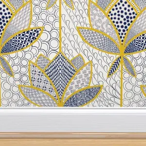 Spoonflower Japanese Lotus Large 100% Natural Sisal Grasscloth Wallcovering - White