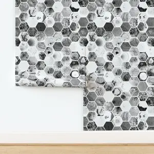 Spoonflower Black Grey Cheater B W Hexagon Hexies Traditional Wallpaper