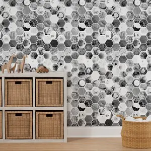 Spoonflower Black Grey Cheater B W Hexagon Hexies Traditional Wallpaper