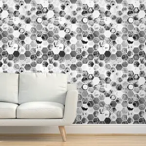 Spoonflower Black Grey Cheater B W Hexagon Hexies Traditional Wallpaper