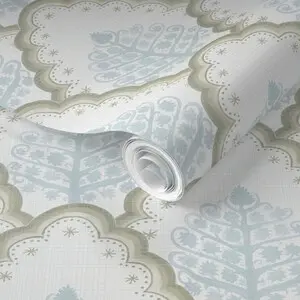 Spoonflower Paisley Scallops Block Custom Pre-pasted Wallpaper - Mint,green,gray