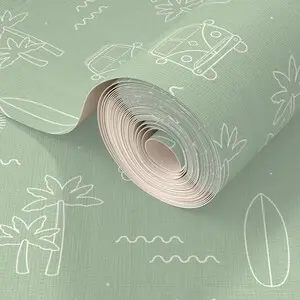 Spoonflower Palm Tree Island And Surf Waves Ocean Paradise 100% Natural Sisal Grasscloth Wallcovering - Green
