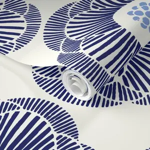 Spoonflower Flower Modern Hand Drawn Custom Pre-pasted Wallpaper - Blue