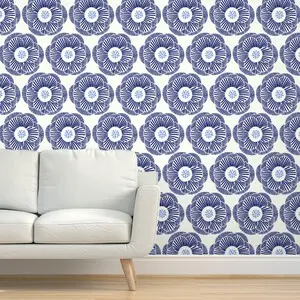 Spoonflower Flower Modern Hand Drawn Custom Pre-pasted Wallpaper - Blue