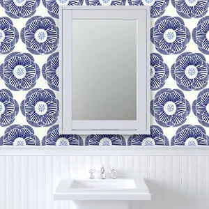 Spoonflower Flower Modern Hand Drawn Custom Pre-pasted Wallpaper - Blue