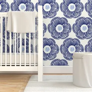 Spoonflower Flower Modern Hand Drawn Custom Pre-pasted Wallpaper - Blue