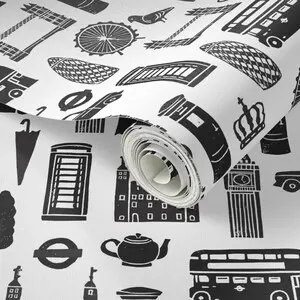 Spoonflower Black And White Grayscale British London Custom Pre-pasted Wallpaper - Black,white,gray