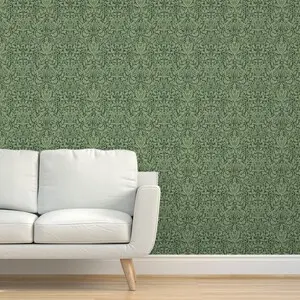 Spoonflower Leaves Holiday Christmas Ivy Seasonal Noel Custom Pre-pasted Wallpaper - Green