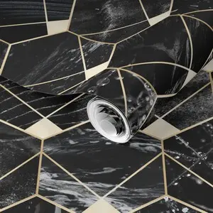 Spoonflower Black Art Deco Marble Texture Hexagon Custom Pre-pasted Wallpaper - Beige,black,gray