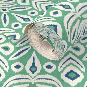 Spoonflower Jade And Blue Bloom Ikat 100% Natural Sisal Grasscloth Wallcovering - Green,blue