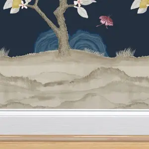 Spoonflower Navy Lemon Tree 100% Natural Sisal Grasscloth Wallcovering
