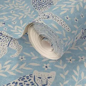 Spoonflower Jungle Cat Soft Blue Muted Tones 100% Natural Sisal Grasscloth Wallcovering - Blue,gray,grey