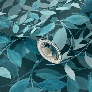 Spoonflower Leaves Custom Pre-pasted Wallpaper - Blue,teal