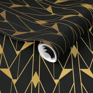 Spoonflower Black Vintage Gold Geometric Pattern Art Deco Custom Pre-pasted Wallpaper - Yellow,black,brown