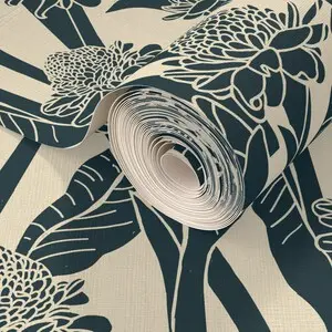 Spoonflower Just Hawaiian Torch Ginger Stalks Charcoal And 100% Natural Sisal Grasscloth Wallcovering - Gray