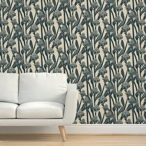Spoonflower Just Hawaiian Torch Ginger Stalks Charcoal And 100% Natural Sisal Grasscloth Wallcovering - Gray