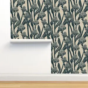 Spoonflower Just Hawaiian Torch Ginger Stalks Charcoal And 100% Natural Sisal Grasscloth Wallcovering - Gray