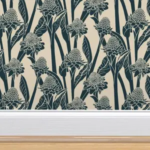 Spoonflower Just Hawaiian Torch Ginger Stalks Charcoal And 100% Natural Sisal Grasscloth Wallcovering - Gray
