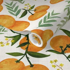 Spoonflower Orange Fruit Kitchen Drawn Traditional Vines Food Custom Pre-pasted Wallpaper - Orange,green,gray