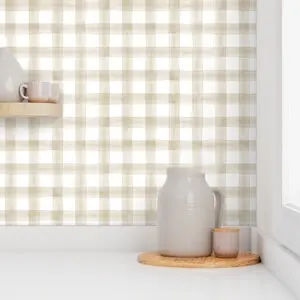 Spoonflower Watercolor Plaid Beige Check Khaki Custom Removable Wallpaper - Gray