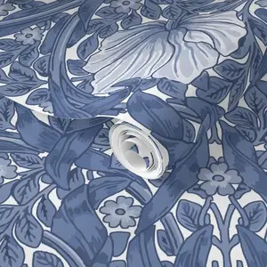 Spoonflower Pimpernel White Floral Damask Flowers Traditional Wallpaper - Blue