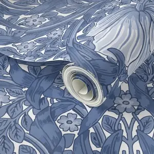 Spoonflower Pimpernel White Floral Damask Flowers Traditional Wallpaper - Blue