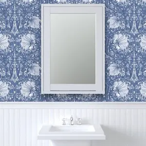Spoonflower Pimpernel White Floral Damask Flowers Traditional Wallpaper - Blue