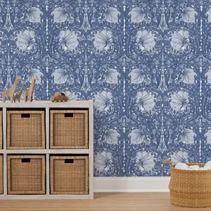 Spoonflower Pimpernel White Floral Damask Flowers Traditional Wallpaper - Blue