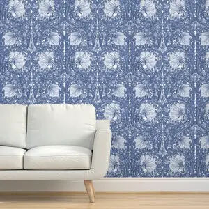 Spoonflower Pimpernel White Floral Damask Flowers Traditional Wallpaper - Blue