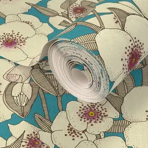 Spoonflower Pink Cloud Lagoon 100% Natural Sisal Grasscloth Wallcovering - Blue,pink