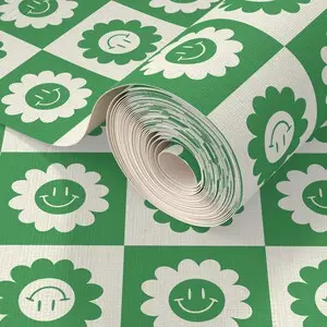 Spoonflower Checkered Floral Smile Vintage 100% Natural Sisal Grasscloth Wallcovering - Green