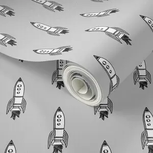 Spoonflower Rocket Rockets Outer Space Nursery Custom Removable Wallpaper - Black,white,gray