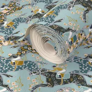 Spoonflower Patchwork Equestrian Light 100% Natural Sisal Grasscloth Wallcovering - Blue