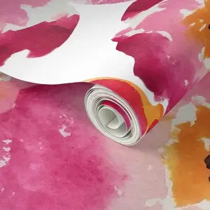 Spoonflower Watercolor Flowers Fuchsia Orange Abstract Floral Custom Removable Wallpaper - Pink,red