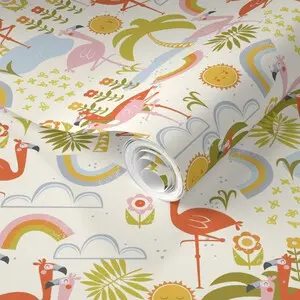 Spoonflower Birds Summer Beach Flamingo Tropical Scandinavian Custom Pre-pasted Wallpaper - Brown,gray