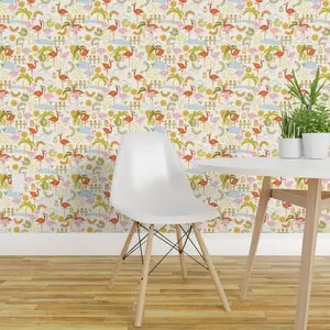 Spoonflower Birds Summer Beach Flamingo Tropical Scandinavian Custom Pre-pasted Wallpaper - Brown,gray