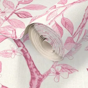 Spoonflower Pink On White Elsie's Garden 100% Natural Sisal Grasscloth Wallcovering White