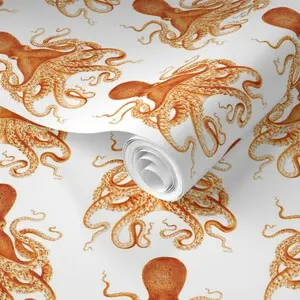 Spoonflower Tiny Octopus Orange Coral Sea Coastal Willow Custom Pre-pasted Wallpaper Orange,gray
