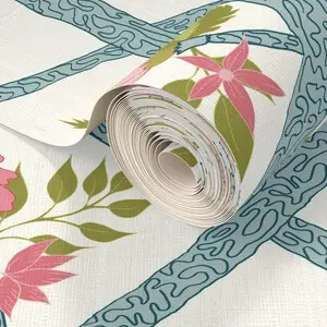 Spoonflower Peony Branch Claudia 100% Natural Sisal Grasscloth Wallcovering - White