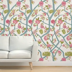 Spoonflower Peony Branch Claudia 100% Natural Sisal Grasscloth Wallcovering