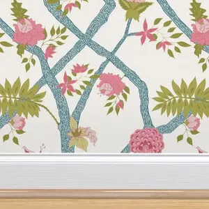 Spoonflower Peony Branch Claudia 100% Natural Sisal Grasscloth Wallcovering