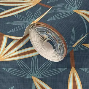 Spoonflower Palm Springs Damask Navy Medium Trees Mid Mod 100% Natural Sisal Grasscloth Wallcovering - Navy,blue