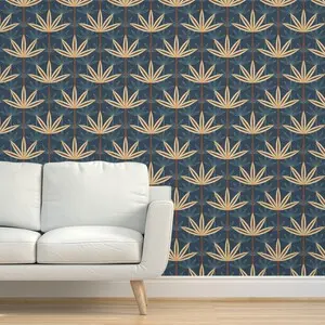 Spoonflower Palm Springs Damask Navy Medium Trees Mid Mod 100% Natural Sisal Grasscloth Wallcovering - Navy,blue