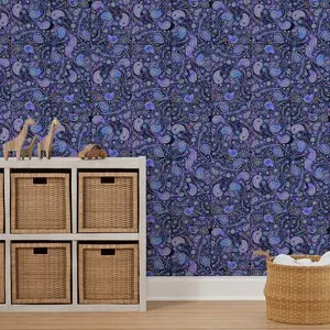 Spoonflower Pink Purple Glowing Paisley Dark Groovy 60s Traditional Wallpaper - Blue,black