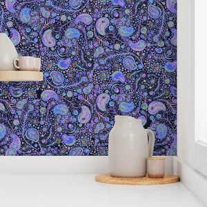 Spoonflower Pink Purple Glowing Paisley Dark Groovy 60s Traditional Wallpaper - Blue,black