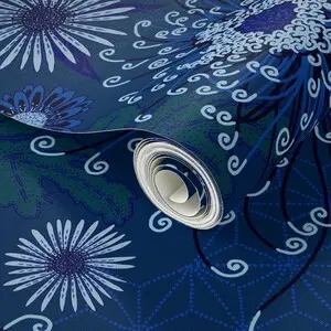 Spoonflower Japanese Chrysanthemums Asian Art Botanical Garden Traditional Wallpaper - Blue