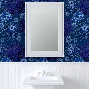 Spoonflower Japanese Chrysanthemums Asian Art Botanical Garden Traditional Wallpaper - Blue