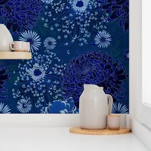 Spoonflower Japanese Chrysanthemums Asian Art Botanical Garden Traditional Wallpaper - Blue